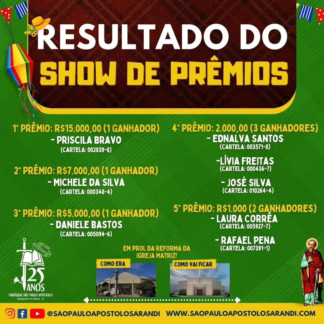 CONFIRA OS VENCEDORES DO SHOW DE PRÊMIOS - Paróquia São Paulo Apóstolo